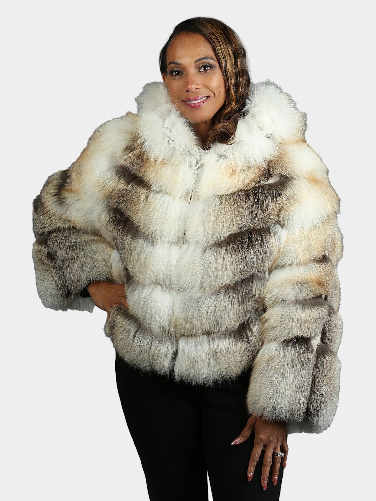 Woman's Natural Golden And Shadow Fox Fur Jacket With Hood