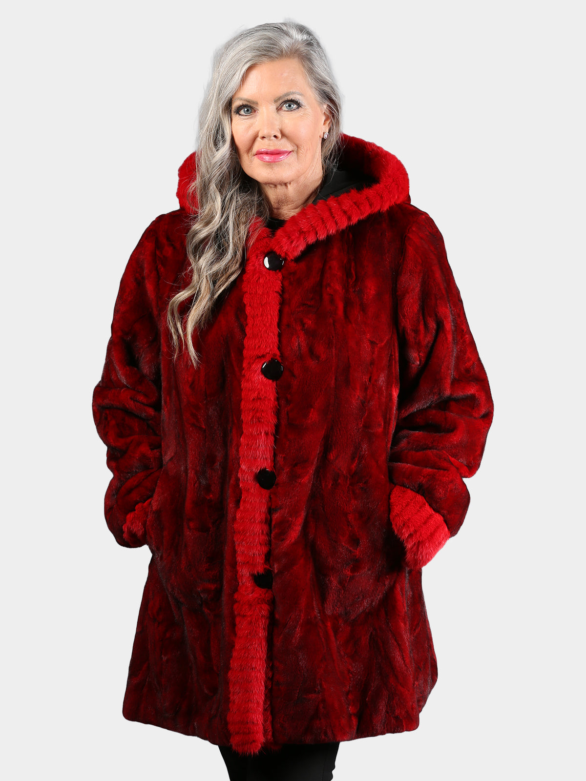 Women's Dyed Red Sculptured Sheared Mink Fur Stroller with Hood